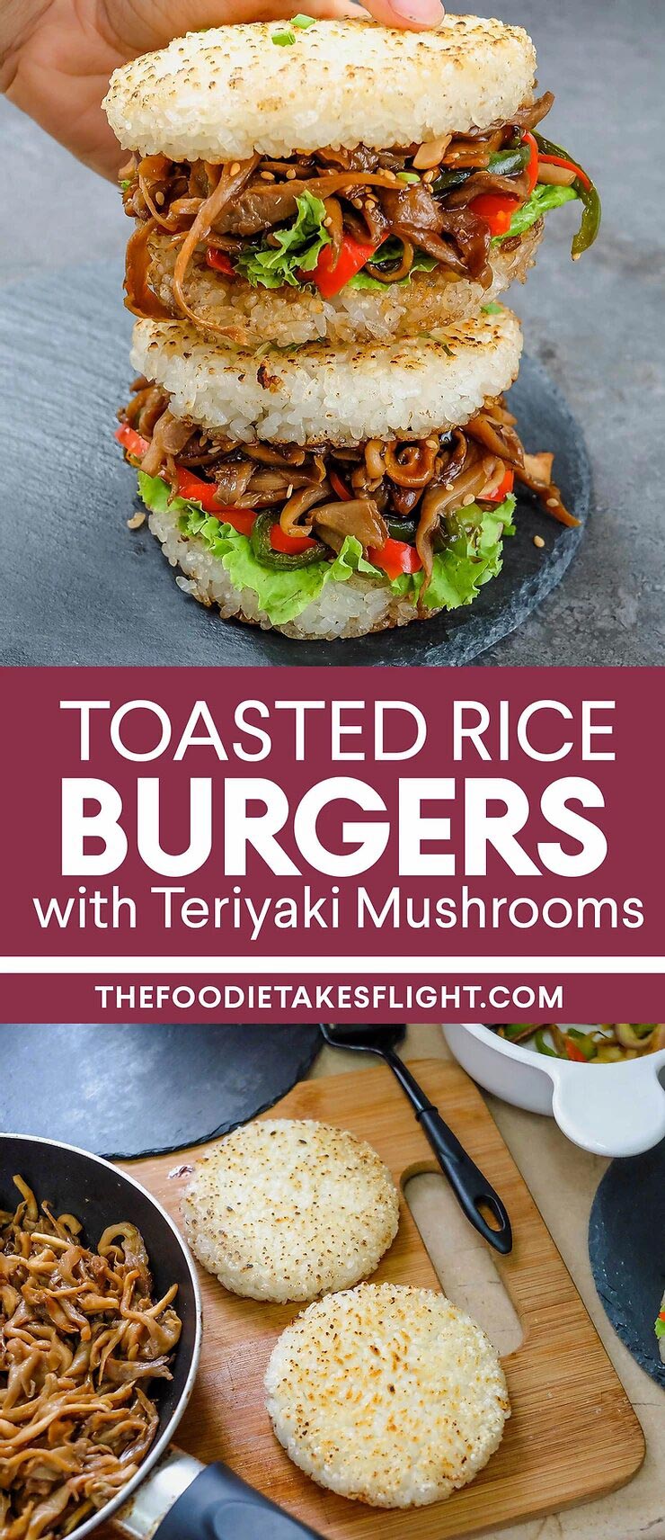 Toasted Teriyaki Mushroom Rice Burgers - The Foodie Takes Flight