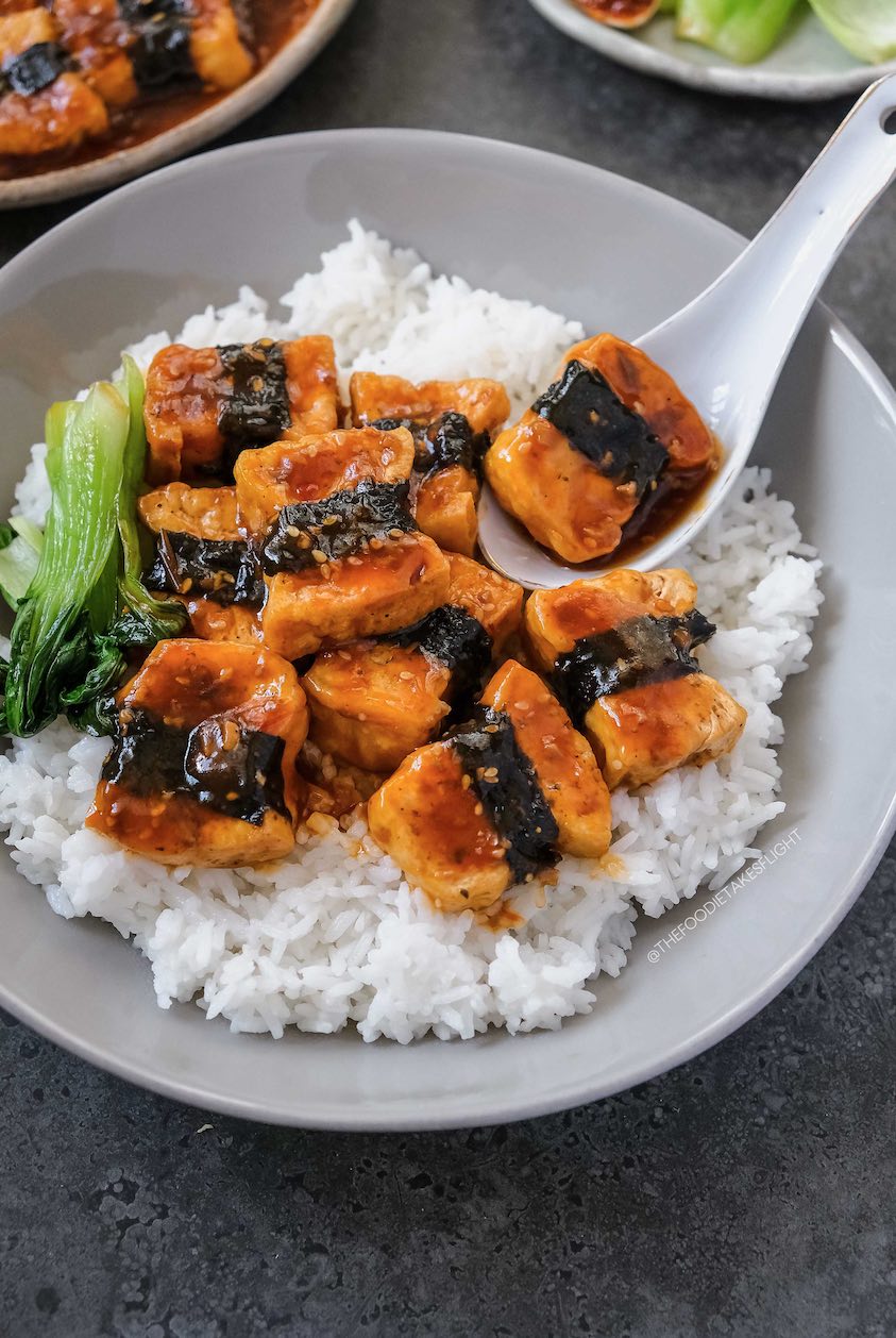 Nori-Wrapped Tofu in a Szechuan-Style Spicy Sauce - The Foodie Takes Flight