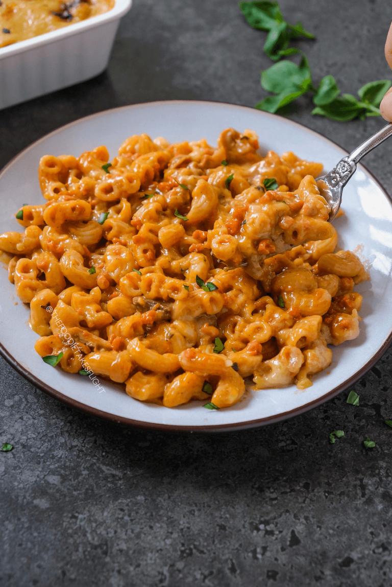 The Ultimate Cheesy Vegan Baked Mac - The Foodie Takes Flight