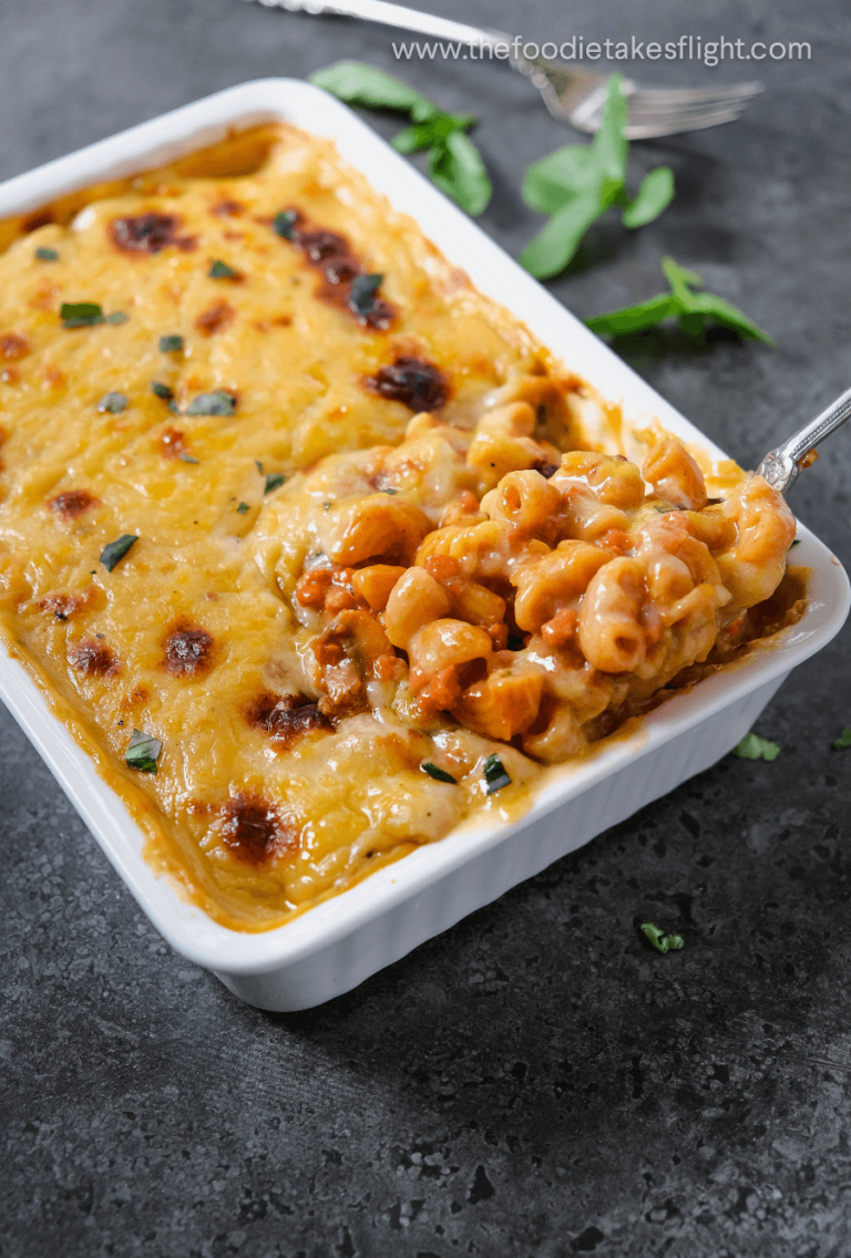 The Ultimate Cheesy Vegan Baked Mac - The Foodie Takes Flight