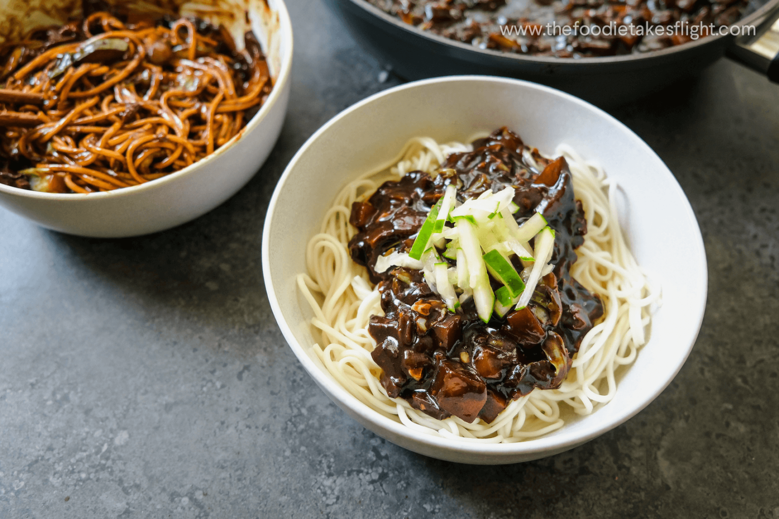 Vegan Jjajangmyeon (Noodles in Black Bean Sauce) - The Foodie Takes Flight