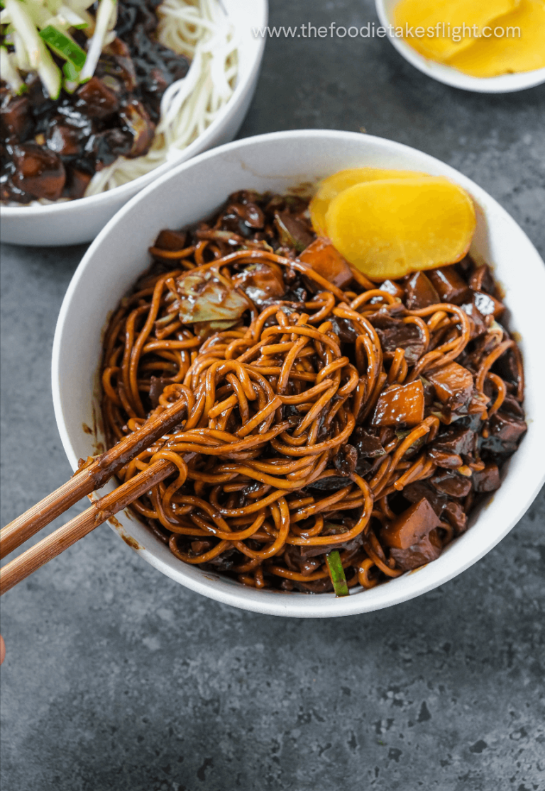 Vegan Jjajangmyeon (Noodles in Black Bean Sauce) - The Foodie Takes Flight
