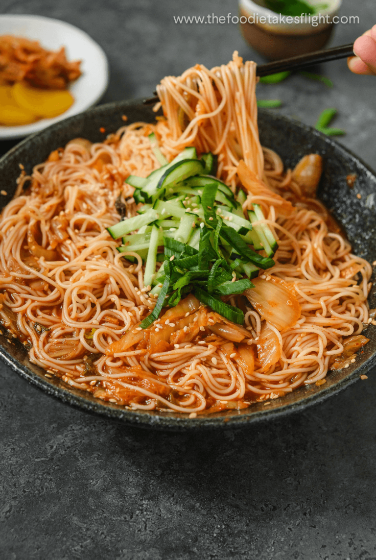 Vegan Bibim Guksu (Korean Spicy Mixed Noodles) - The Foodie Takes Flight