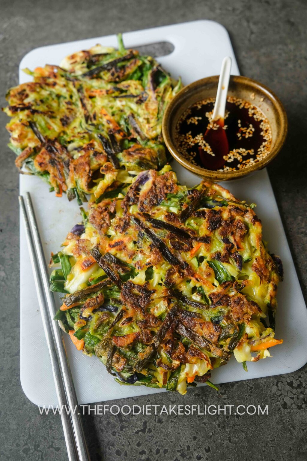 Vegan Yachaejeon (Korean Vegetable Pancakes) - The Foodie Takes Flight