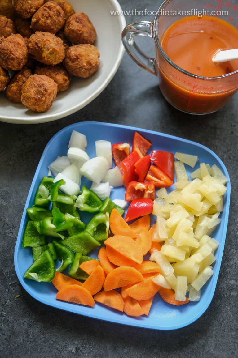 Vegan Sweet & Sour Meatballs (Filipino Bola-Bola) - The Foodie Takes Flight