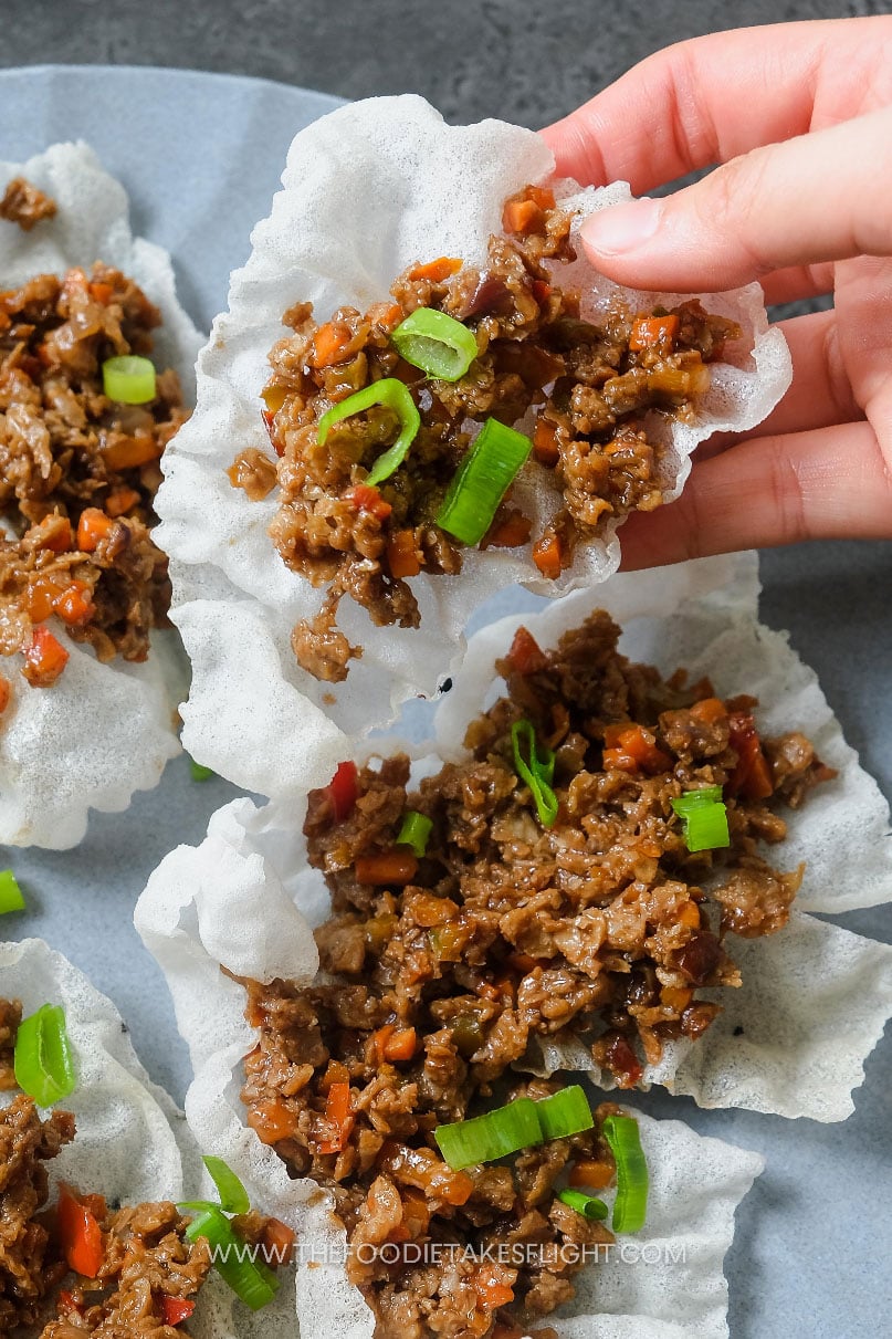 Rice Paper Boats with Hoisin Meat Filling - The Foodie Takes Flight