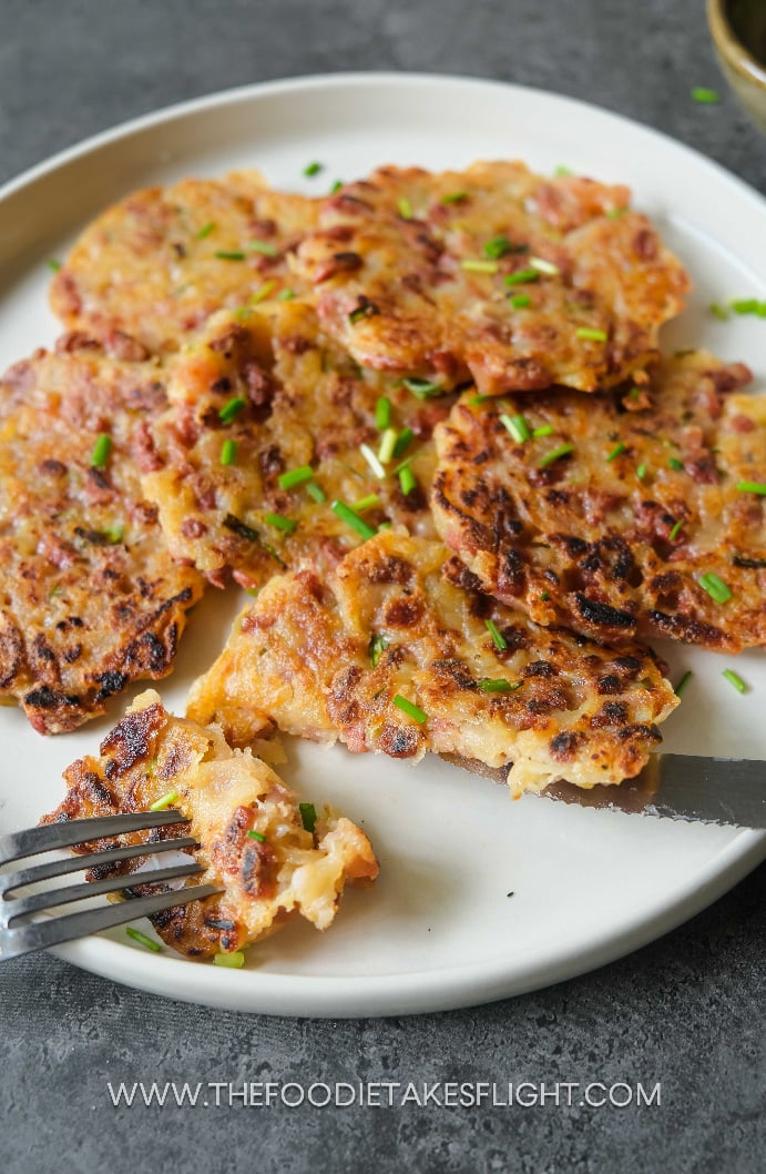 Vegan Potato, Corned “Beef”, & Cheese Pancakes - The Foodie Takes Flight