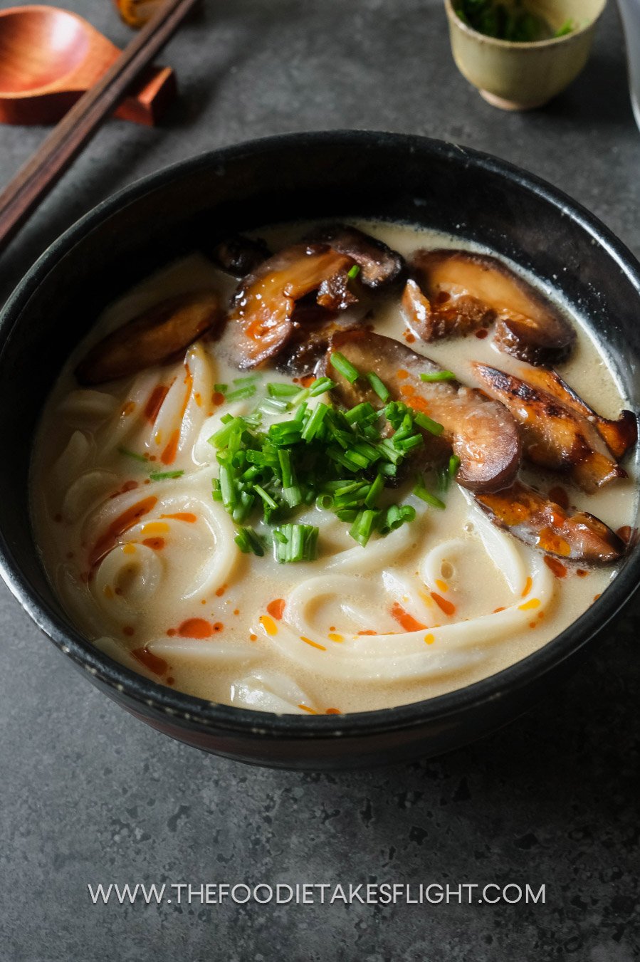 Miso Udon Noodle Soup with Teriyaki Mushrooms - The Foodie Takes Flight