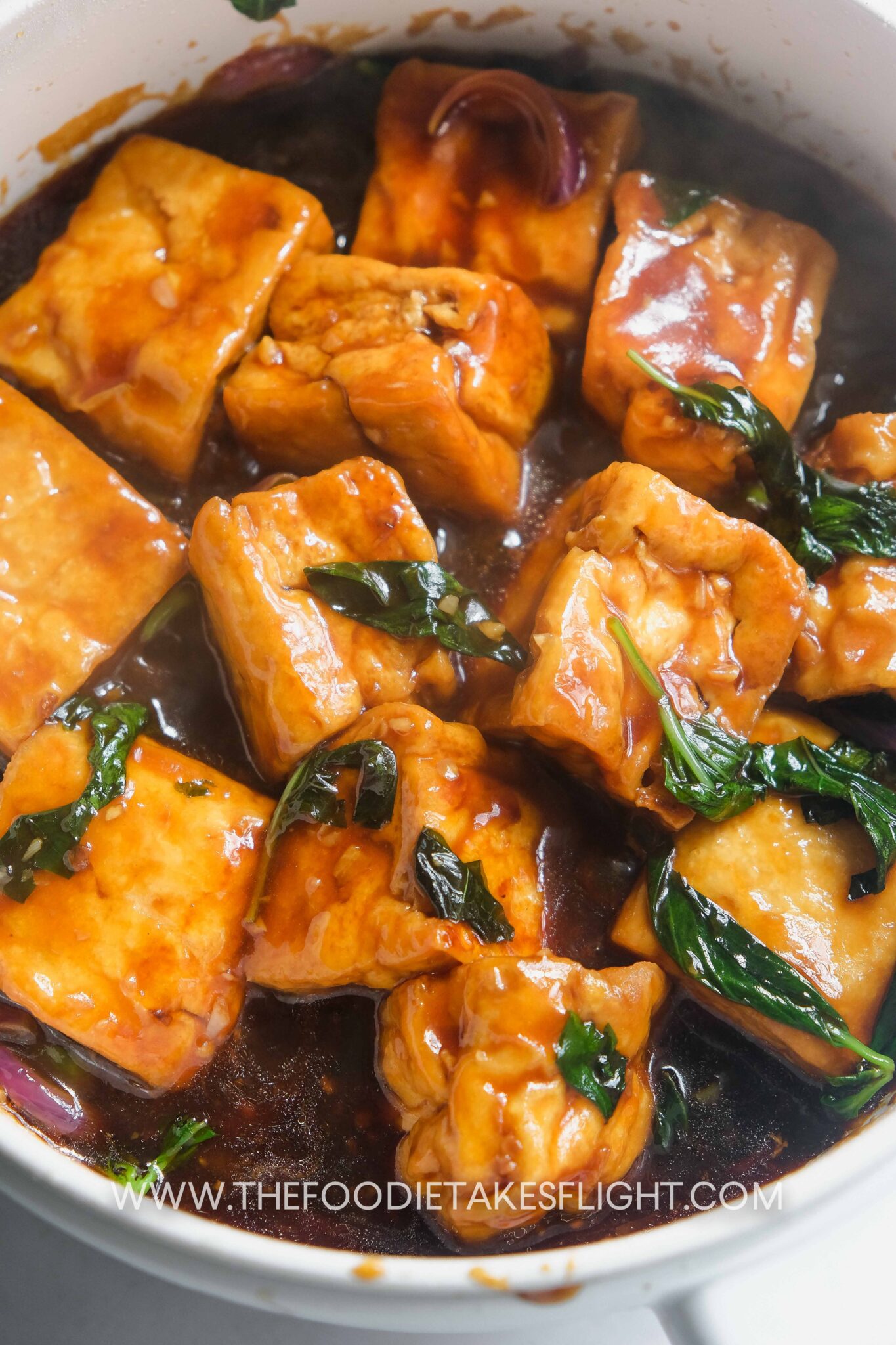 Braised Tofu With Basil - The Foodie Takes Flight