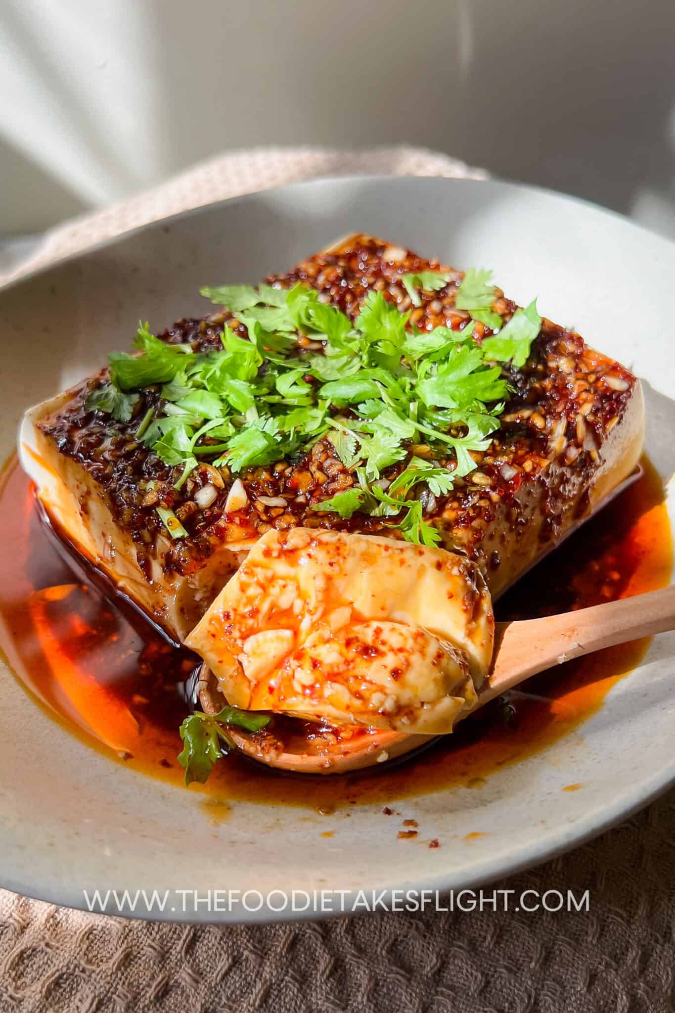 Garlic Chili Oil Tofu - The Foodie Takes Flight