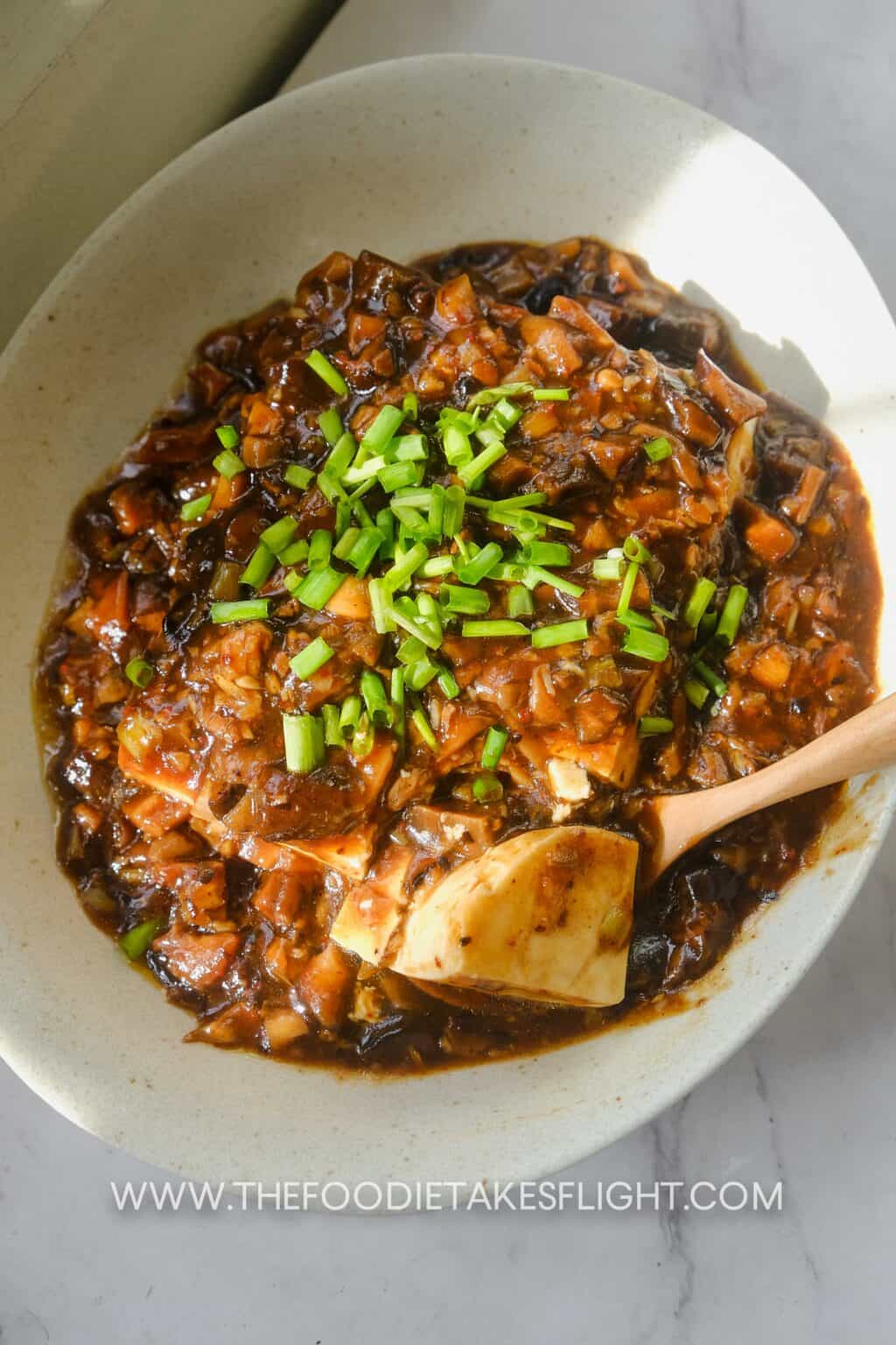 Silken Tofu with Black Bean Mushroom Sauce - The Foodie Takes Flight