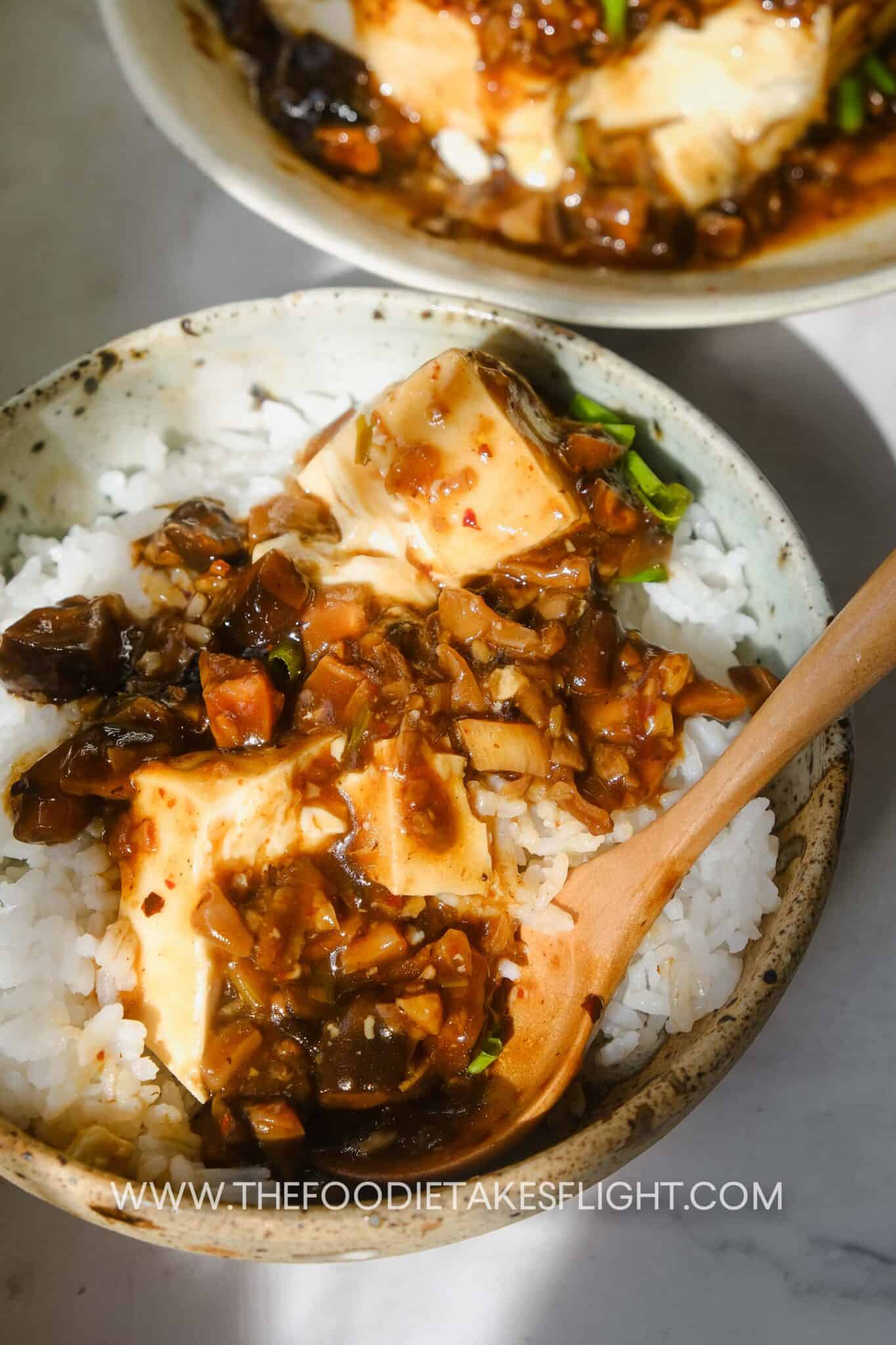 Silken Tofu with Black Bean Mushroom Sauce - The Foodie Takes Flight