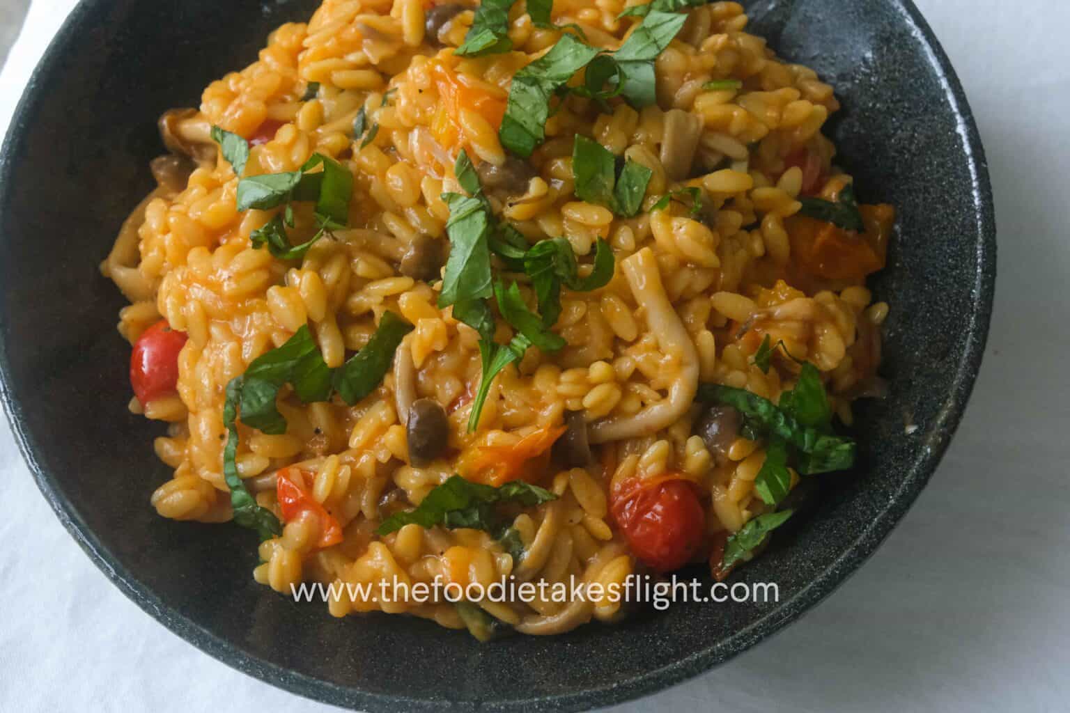 One-Pot Tomato Miso Gochujang Orzo - The Foodie Takes Flight