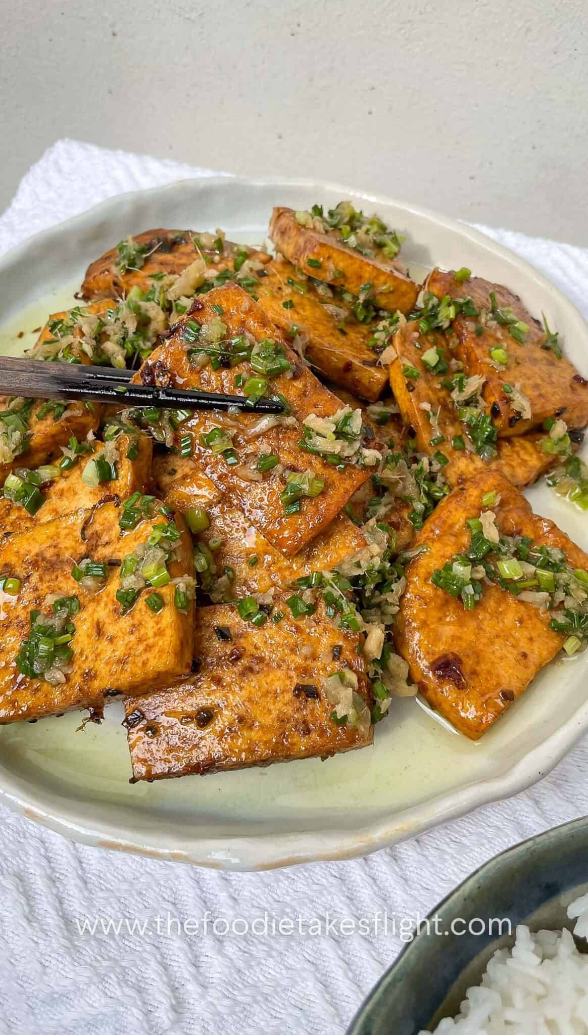 Pan Fried Tofu with Ginger Scallion Sauce - The Foodie Takes Flight