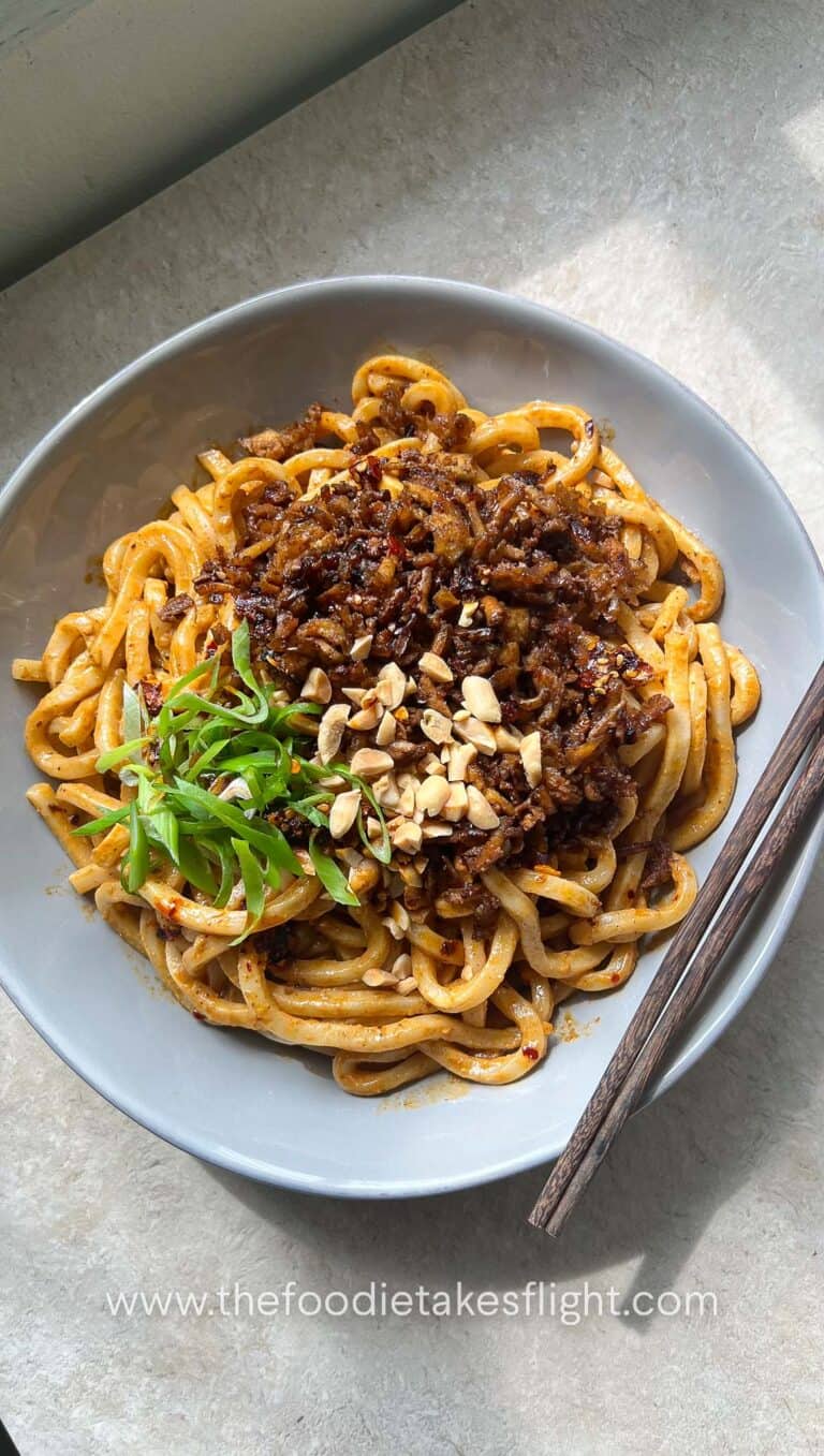 Dan Dan Style Udon Noodles (Vegan) - The Foodie Takes Flight