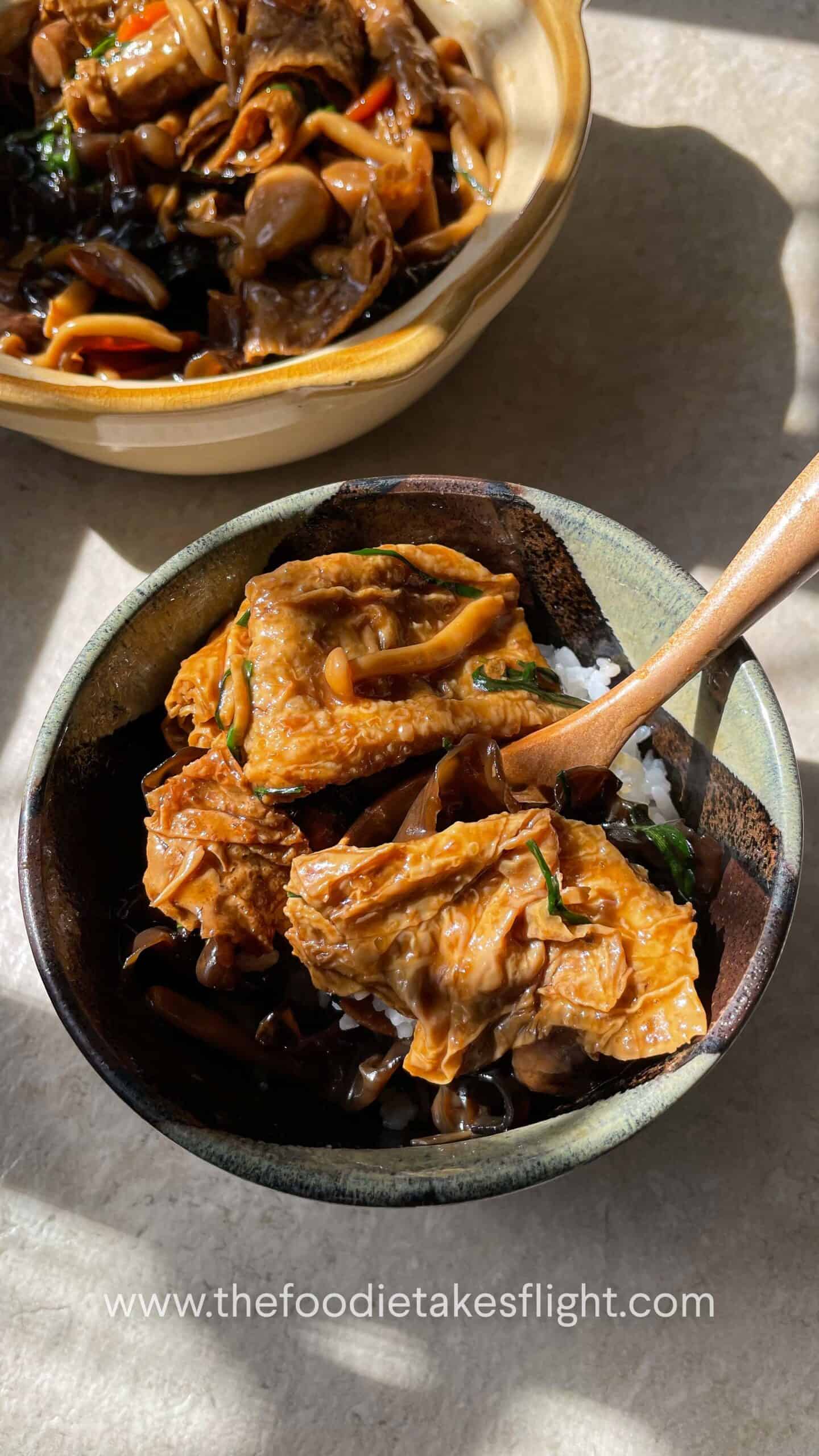 Braised Beancurd Skin with Mushrooms - The Foodie Takes Flight