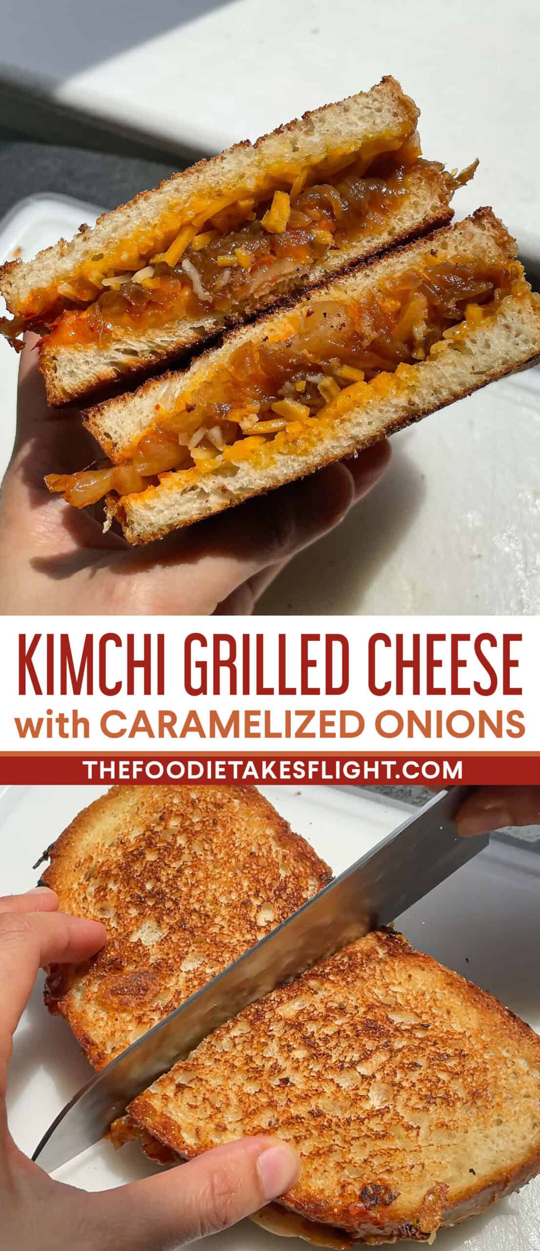 Caramelized Onion Kimchi Grilled Cheese Sandwich - The Foodie Takes Flight