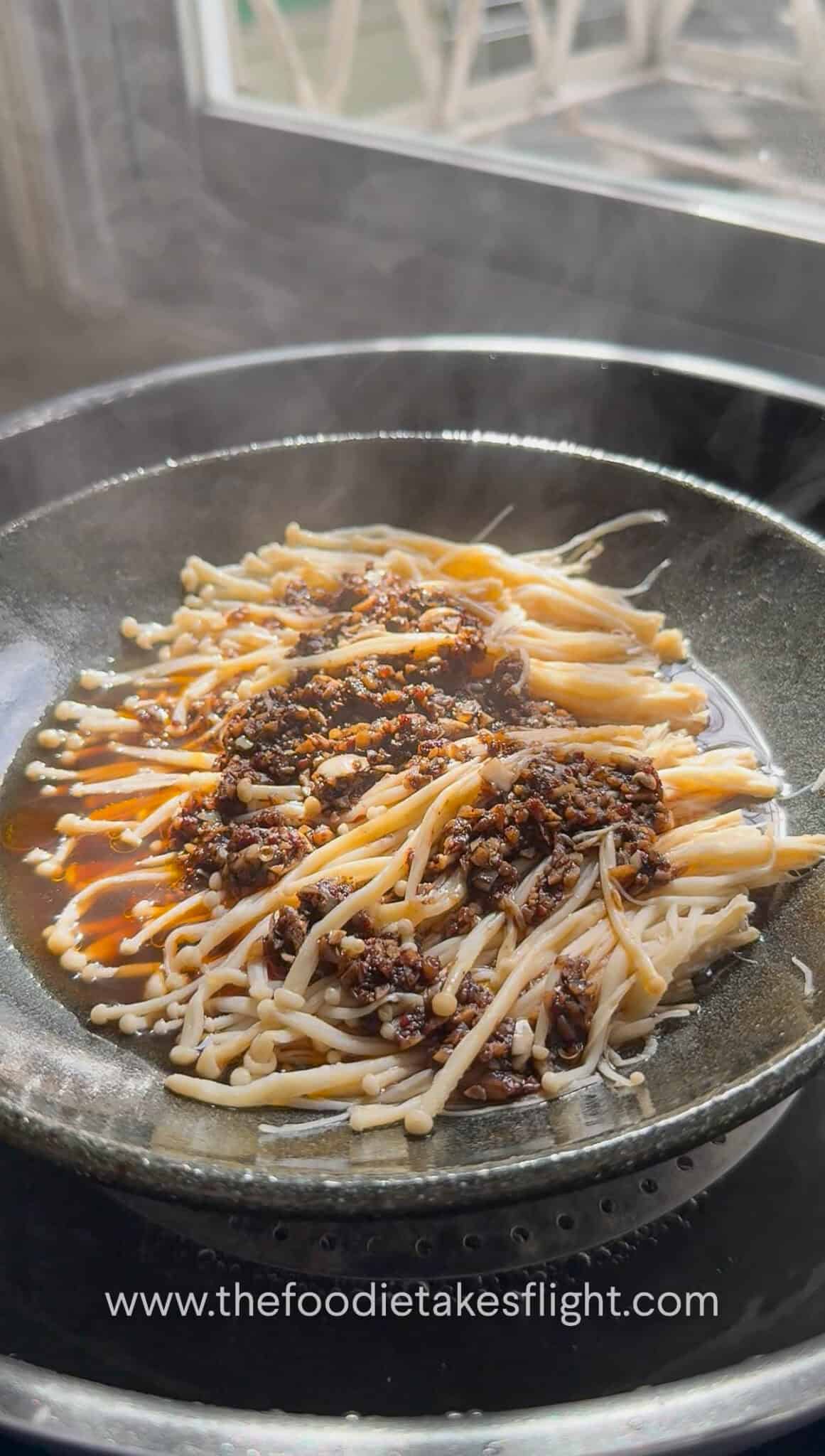 Easy 15-Minute Steamed Enoki Mushrooms - The Foodie Takes Flight
